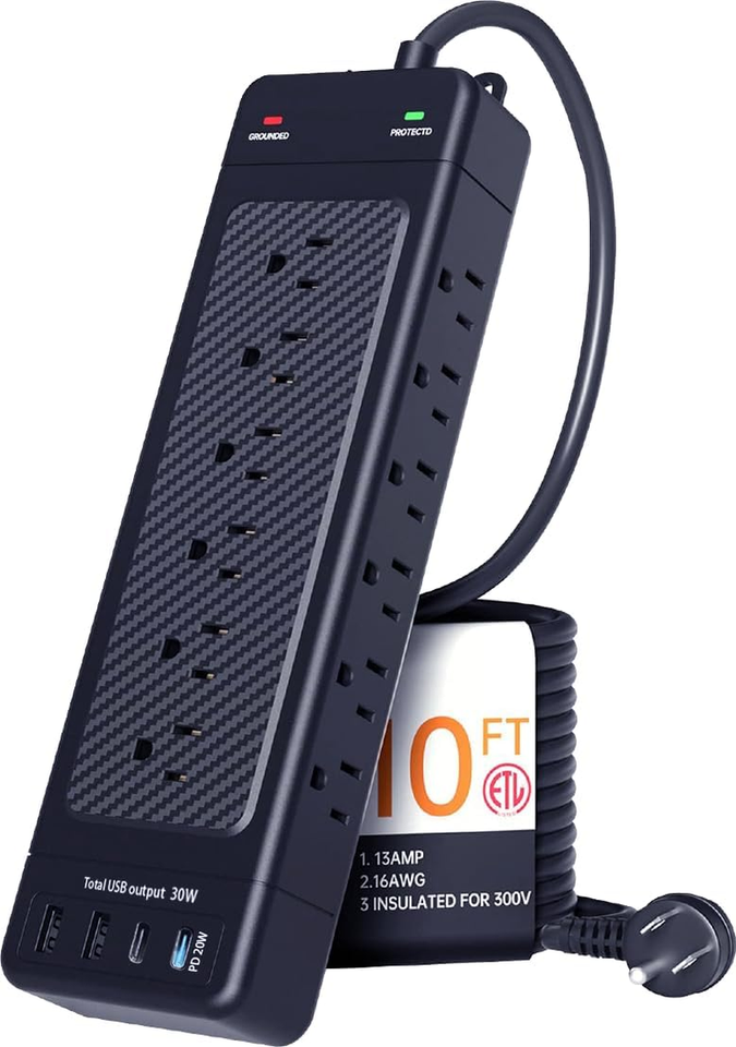 Surge Protector Power Strip Heavy Duty 10 Ft Cord High Joules ...