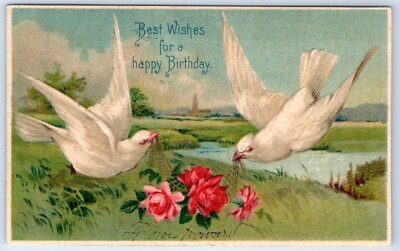 Best Wishes For A Happy Birthday Embossed Postcard Doves/Swallows Roses ...