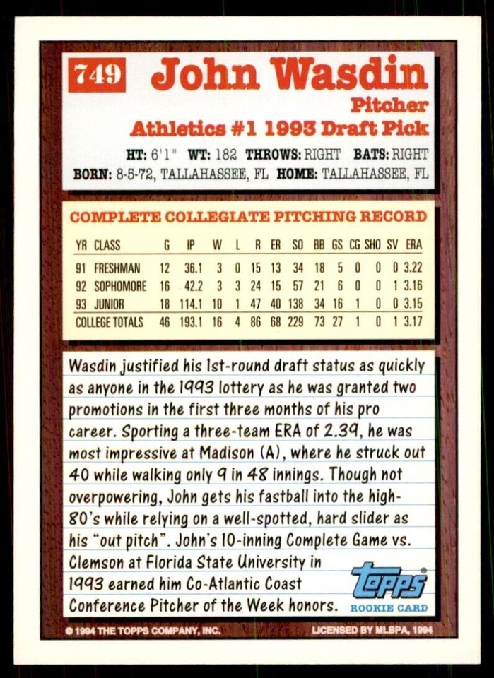 1994 Topps John Wasdin Baseball Card #749 | eBay