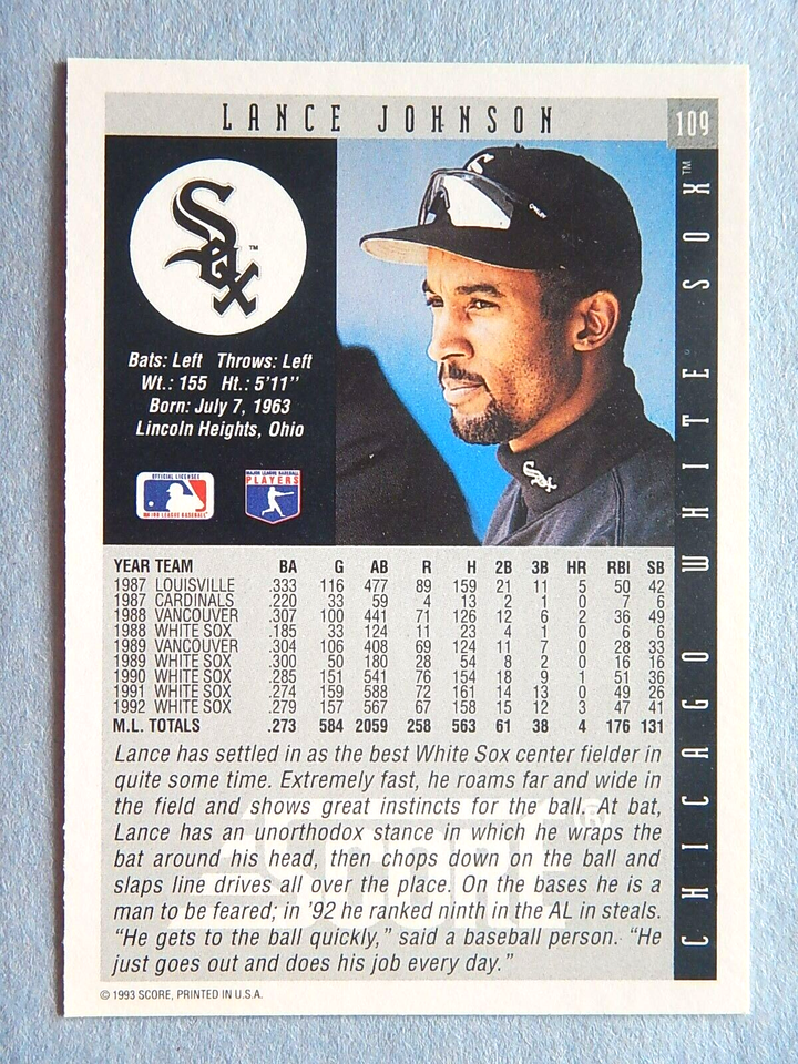 Lance Johnson #109 Score 1993 Baseball Card (Chicago White Sox) LN | eBay