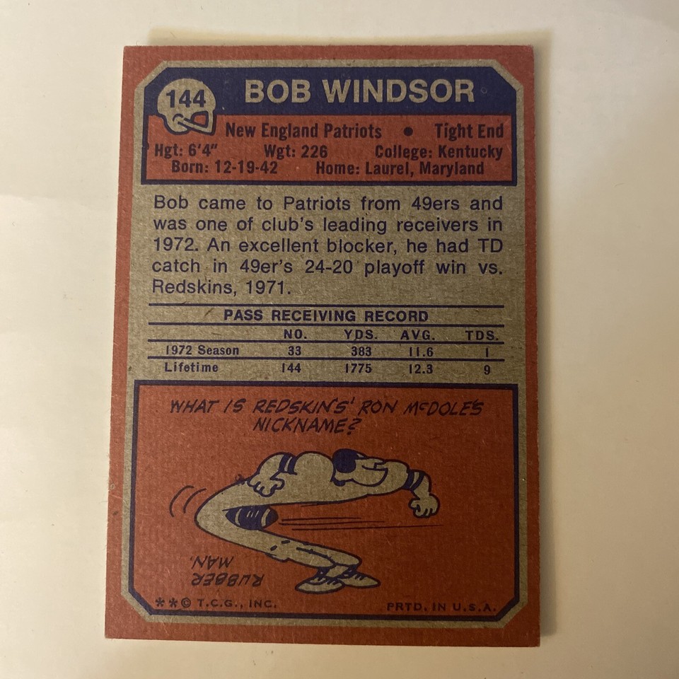 1973 Topps Football Bob Windsor New England Patriots Card #144 | eBay