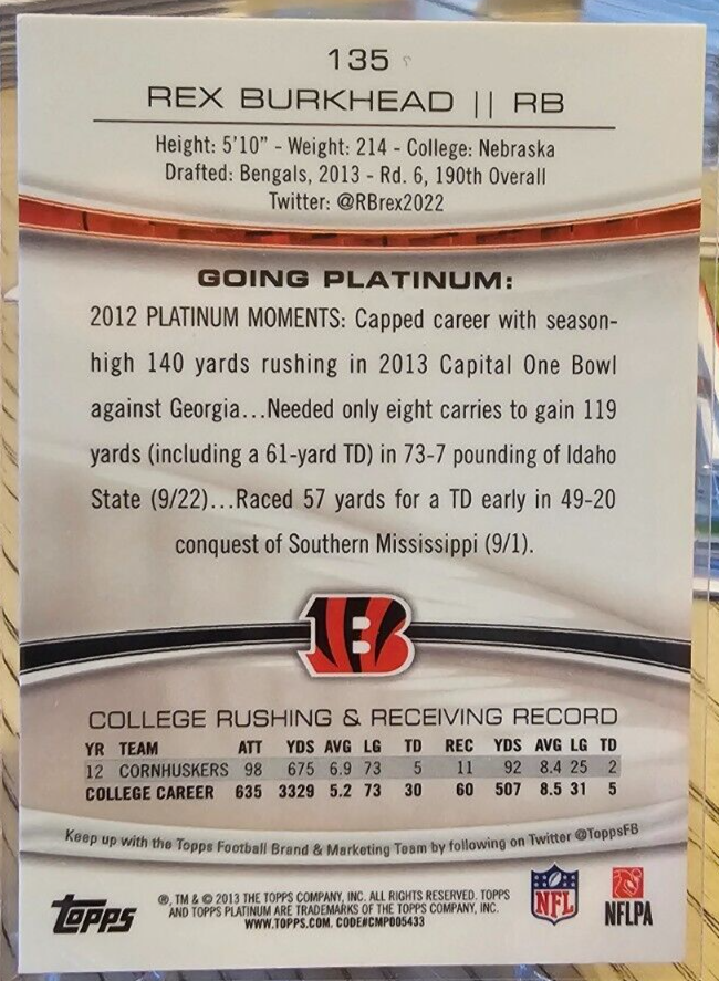 2013 Topps Platinum Rex Burkhead RC #135 Cincinnati Bengals | eBay