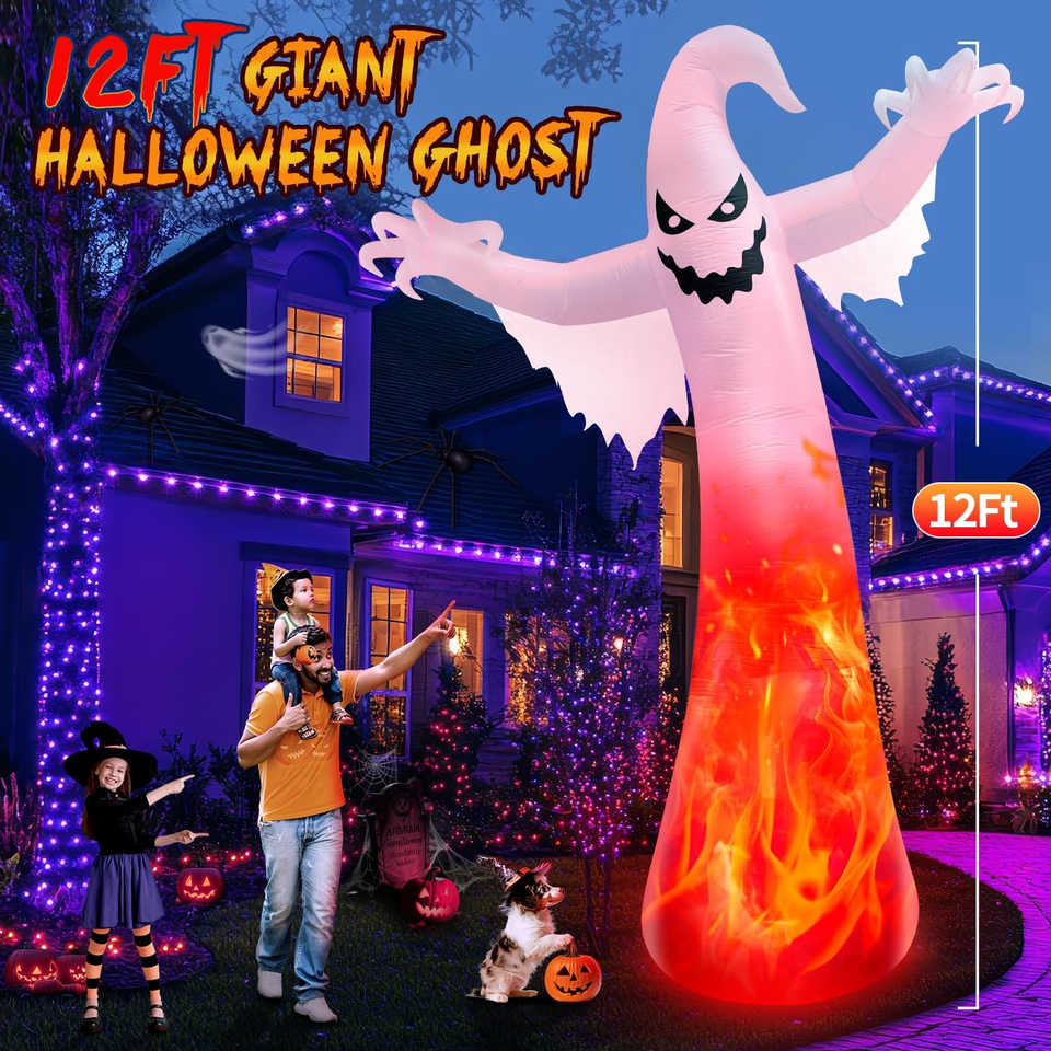12FT Giant Halloween Inflatables Ghost with 3-Colored Flame Rotation ...