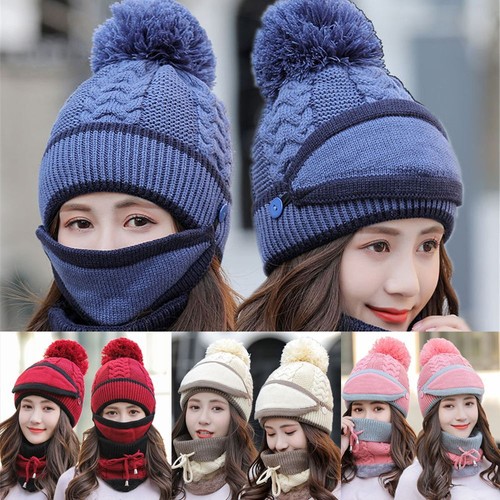 Bobble Masks And Scarves Winter Snow Ski Cap Hat Scarf Mask Set Women ...
