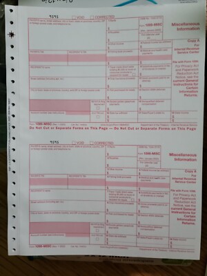 2024 IRS Tax Form 1099-MISC single sheet set for 2 recipients 5pt | eBay