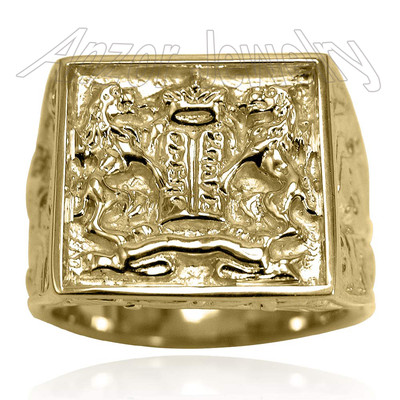 MEN'S Lions Facing The Ten Commandments Ring in 14k Solid Yellow Gold # ...