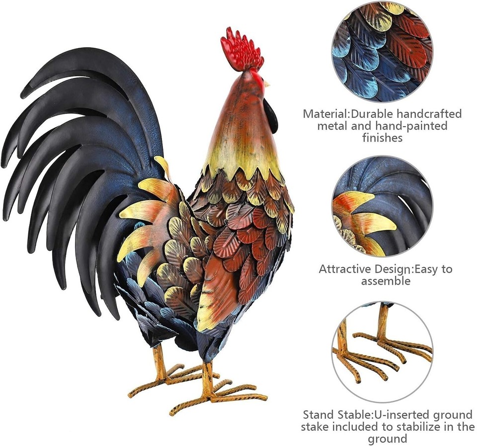 Metal Rooster Statue Yard Art Large Figurine Sculpture Lawn Chicken ...