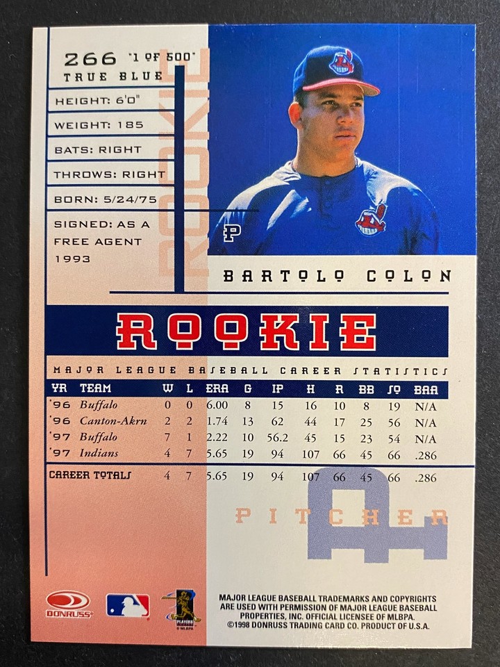 Bartolo Colon 1998 Leaf Rookies & Stars True Blue Rookie /500 Indians ...