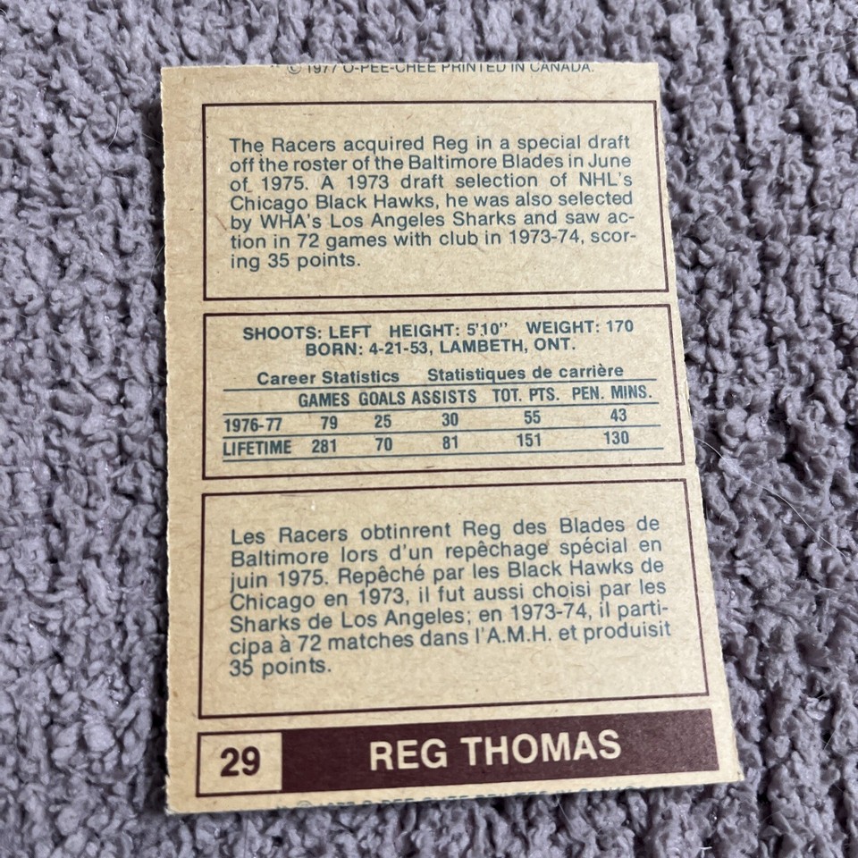 1977-78 O-Pee-Chee WHA #29 Reg Thomas Indianapolis Racers Winger | eBay