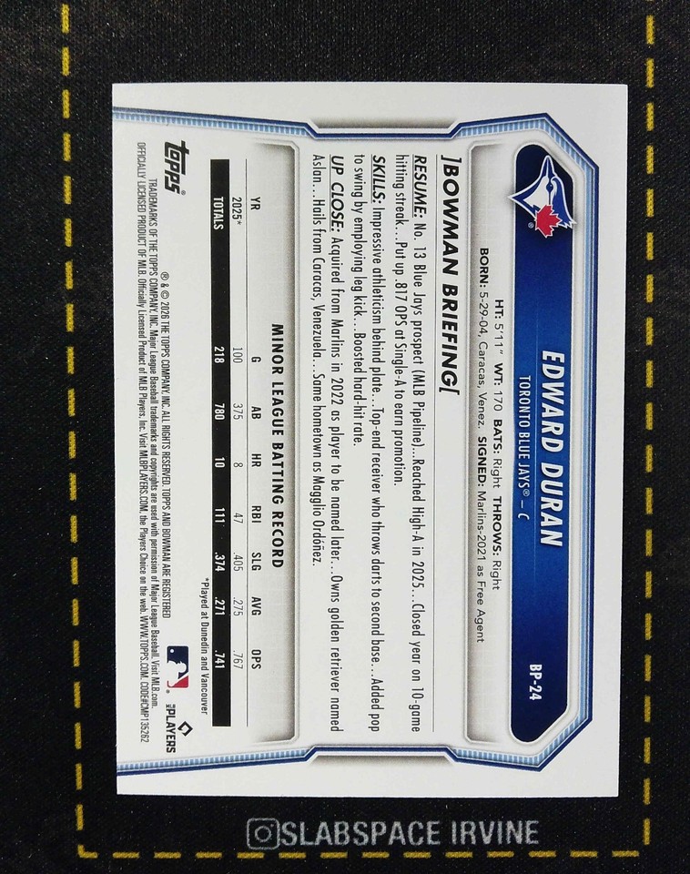 2026 BOWMAN BASEBALL BASE PROSPECTS EDWARD DURAN 1ST BLACK BORDER /10 ...