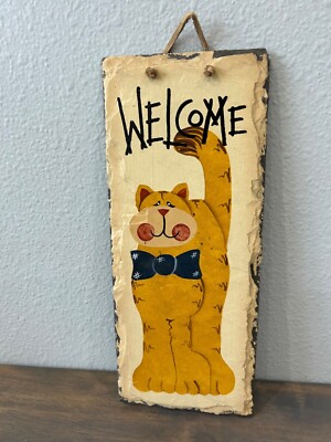 Plain Jane Slate Cat Welcome Sign Wall Plaque Tabby Cat Hanging Decor ...