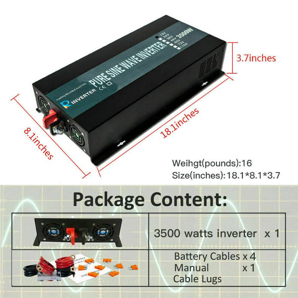 3500W Pure Sine Wave Power Inverter 36VDC to 110/220VAC RV/Car/Home ...