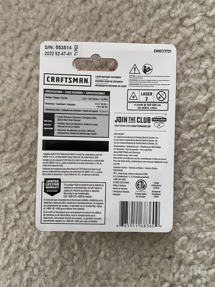 Craftsman 55ft Pocket Laser Distance Measurer Rechargeable Battery ...