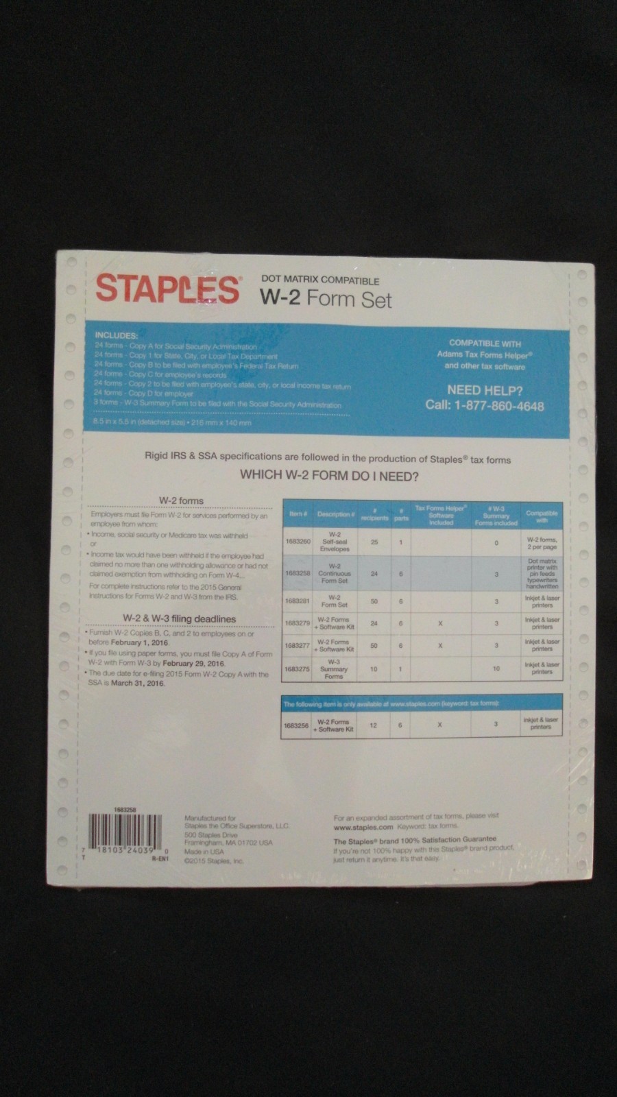 Staples 2015 IRS Tax W-2 6-Part Dot Matrix Form Set & Bonus W-2 ...