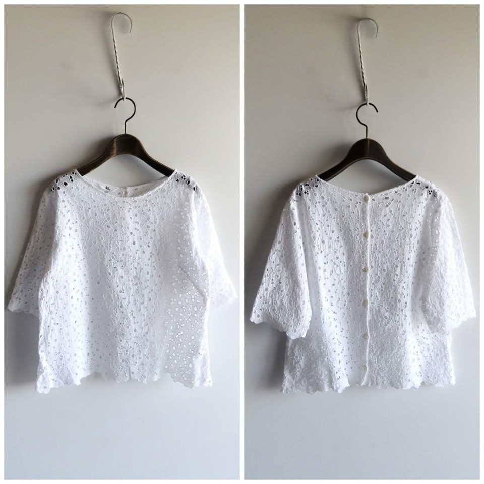 45R Lace Back Button Blouse White Vintage-style Knitwear 3 Used JAPAN ...