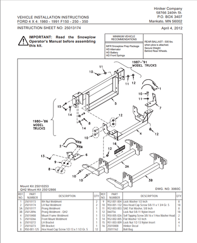 HINIKER Plow Mount - 25012866 - 80-91 F150-250-350 QH2 | eBay
