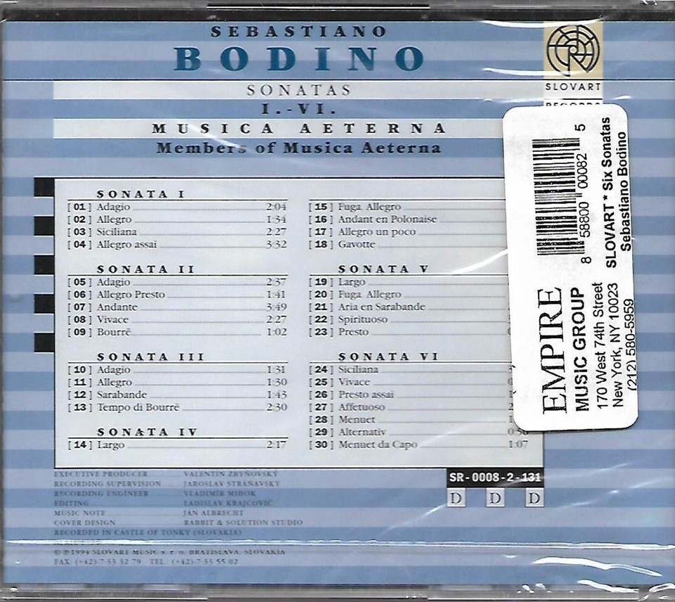 Sebastiano Bodino, Sonatas, I.-VI, 1994 NEW Sealed CD, Musica Aeterna ...