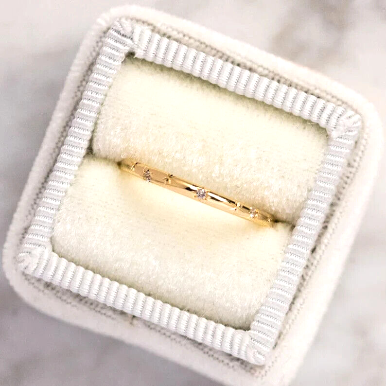 Simple 14K Gold Stary Studded Thin Band Inset Real Diamond 0.03 TCW ...
