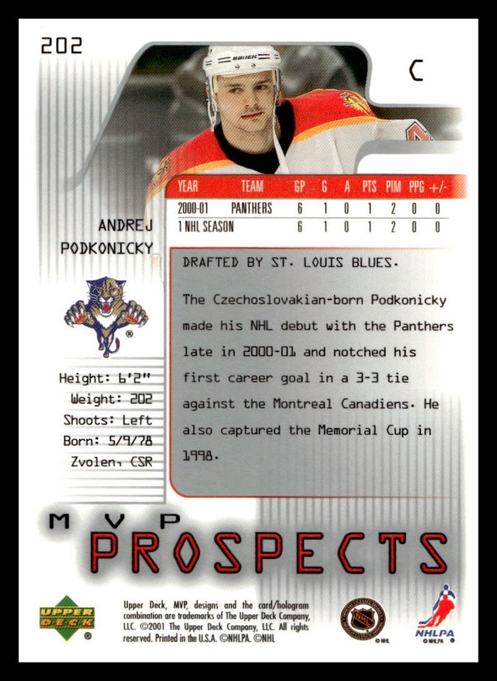 2001 Upper Deck MVP #202 Andrej Podkonicky PROS, RC Florida Panthers | eBay