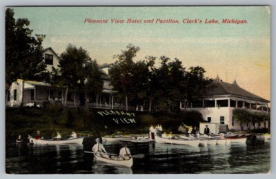 Postcard Clark's Lake Michigan Pleasant View Hotel and Pavilion canoes ...