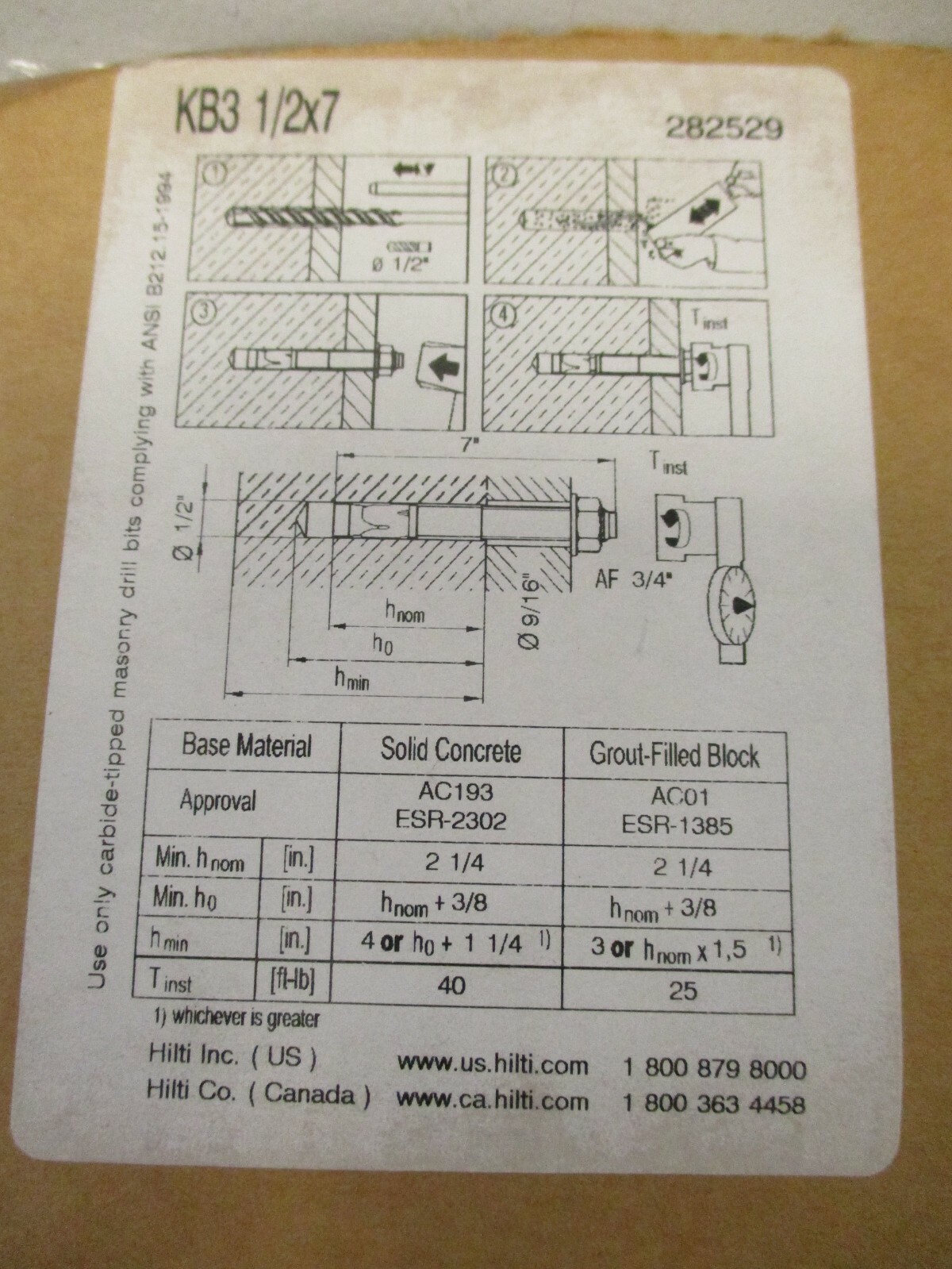HILTI KWIK BOLT 3,WEDGE ANCHOR 1/2 X 7 W/ NUTS AND WASHERS CARBON STL ...