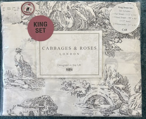 Cabbages and Roses King Sheet Set Country Toile Charcoal 100% Cotton ...