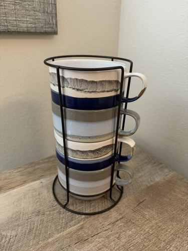 Pier 1 Imports Stacked Coffee Mugs Large Set Of 4 Cups Stoneware Blue ...
