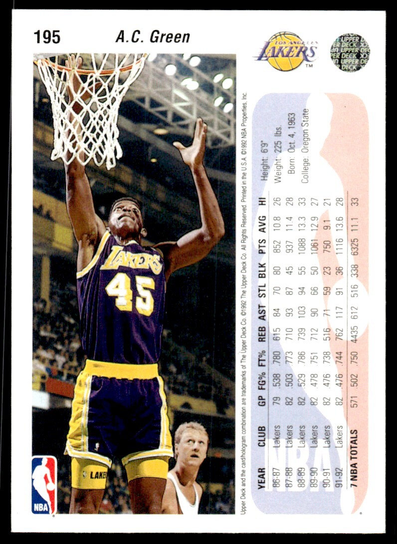 1992-93 Upper Deck Basketball Card A.C. Green Los Angeles Lakers #195 ...