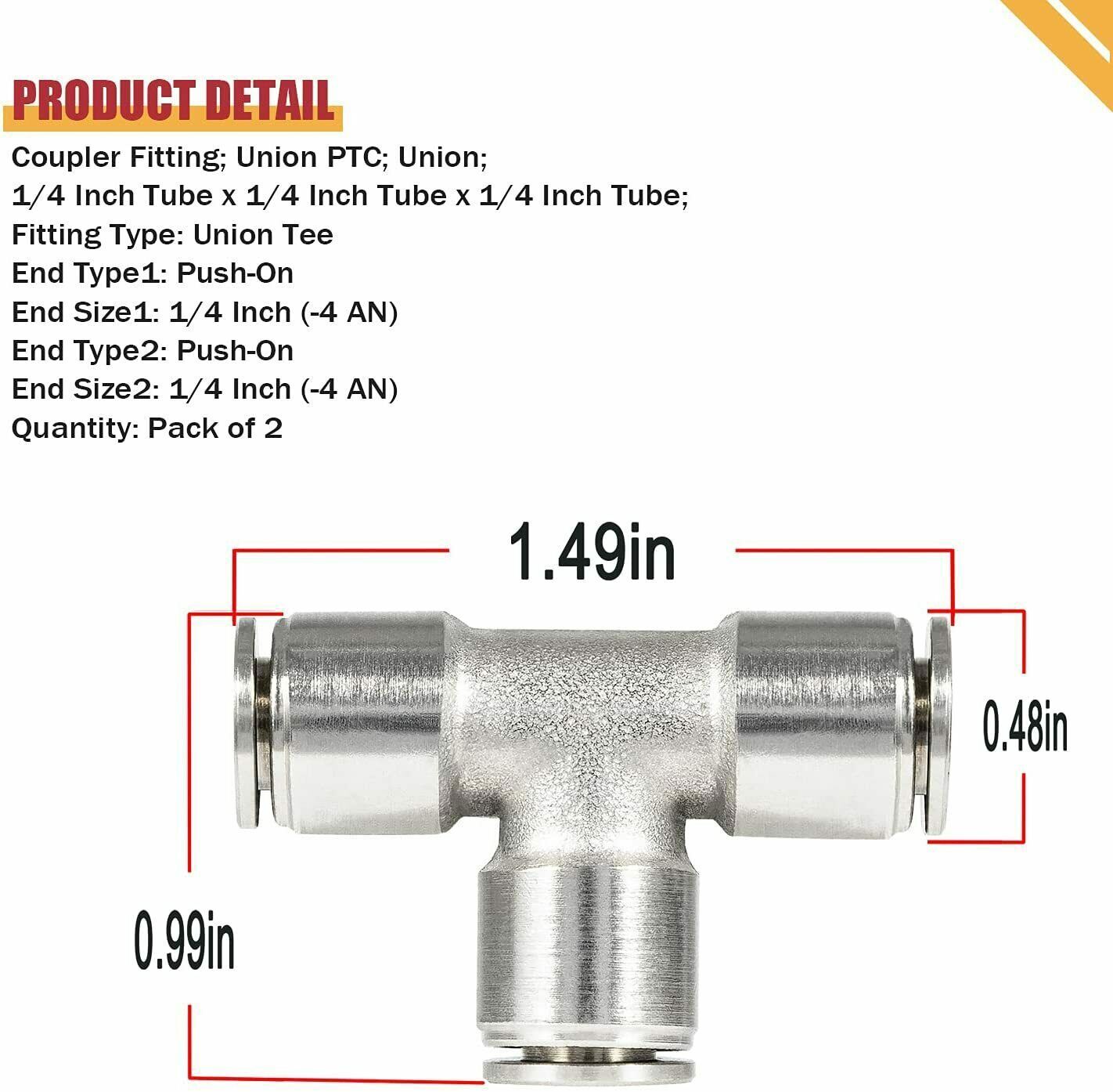 21838 Air Line T-Fittings Union Tee for 1/4" Coupler Push-To-Connect 2 ...