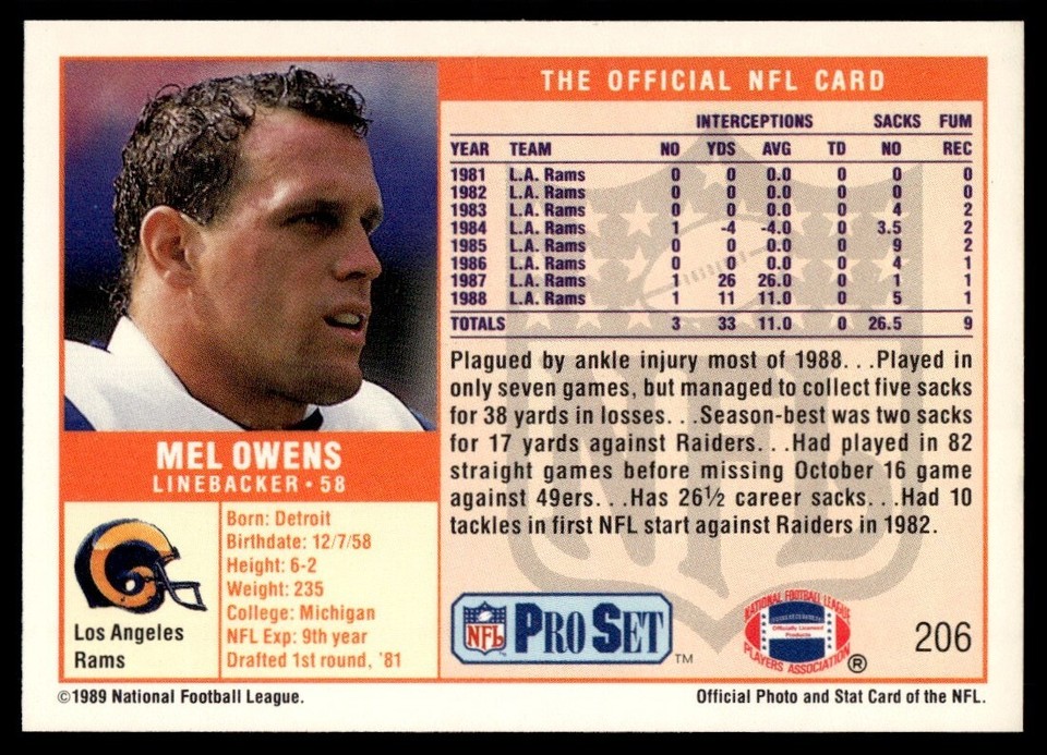 1989 Pro Set Mel Owens Rookie Los Angeles Rams #206 | eBay