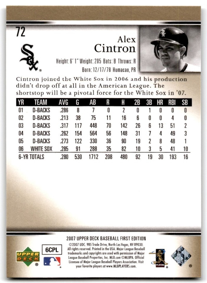 2007 Upper Deck First Edition Alex Cintron Baseball Cards #72 | eBay