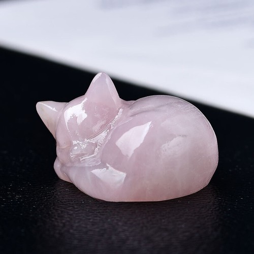 Natural Rose Quartz Crystal Sleeping Cat Gemstone Carved Healing Animal ...