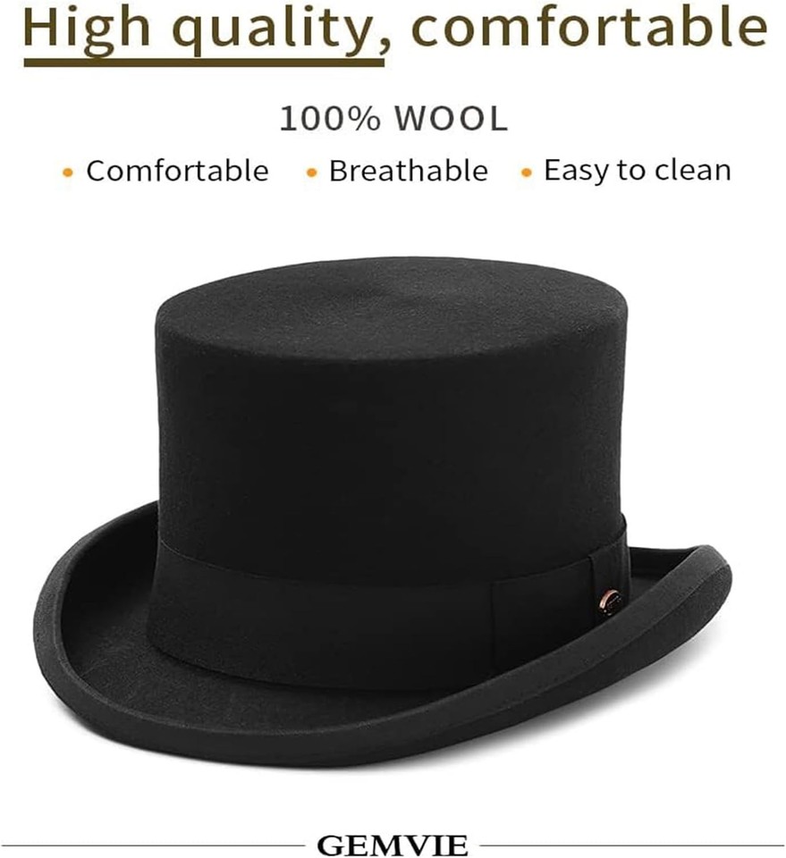 Men 100% Wool Top Hat Mad Hatter Satin Lined Black Low Top Hats for ...