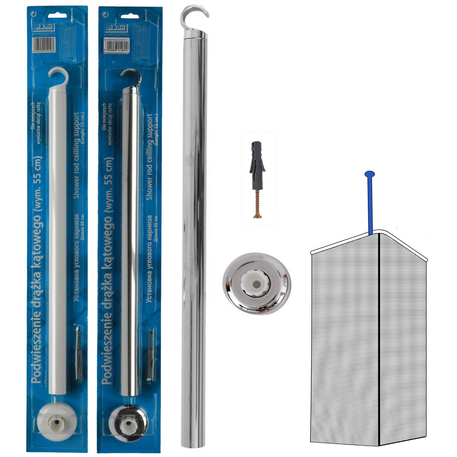 Shower Curtain Rail Ceiling Support 55cm Length Corner Rail Rod Bath ...