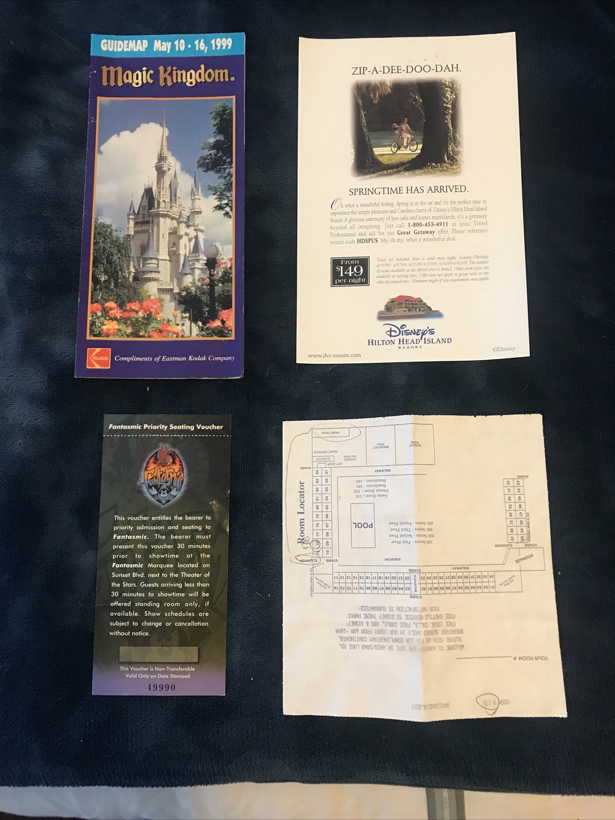 Disney Ephemera 1999 Magic Kingdom Map/Fantasmic Seating Voucher/Room ...