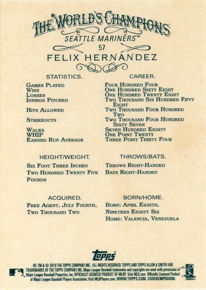 2019 Topps Allen & Ginter's Baseball Felix Hernandez Seattle Mariners ...