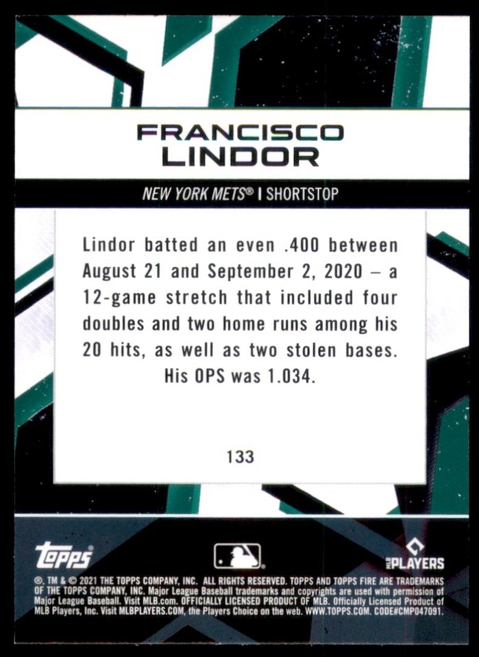 2021 Topps Fire Gold Minted Francisco Lindor New York Mets #133 154688 ...