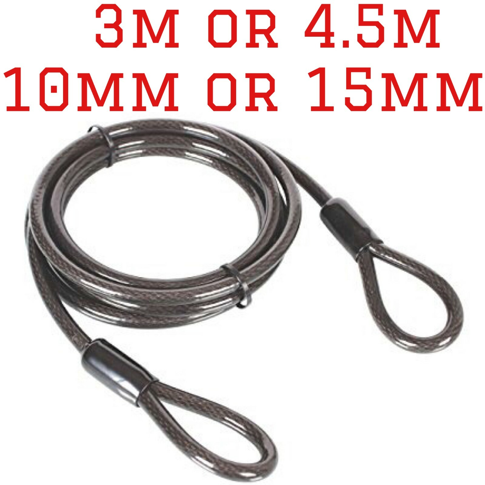 10mm / 15mm Security Cable 3m 4.5m Steel Braided Looped Lock long bike ...
