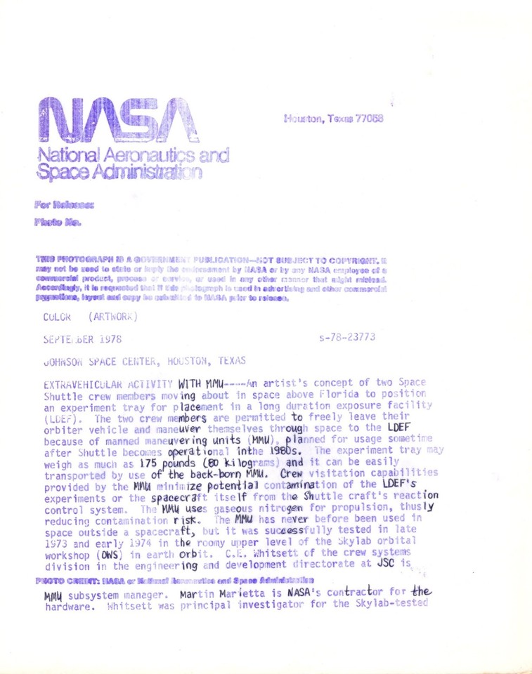 Space Shuttle MMU Florida EVA Concept Art LDEF 1978 - Original NASA ...