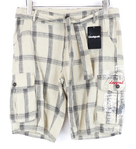 DESIGUAL Mens Marc Check Shorts 28 Sand Brown Linen Multi Pocket | eBay