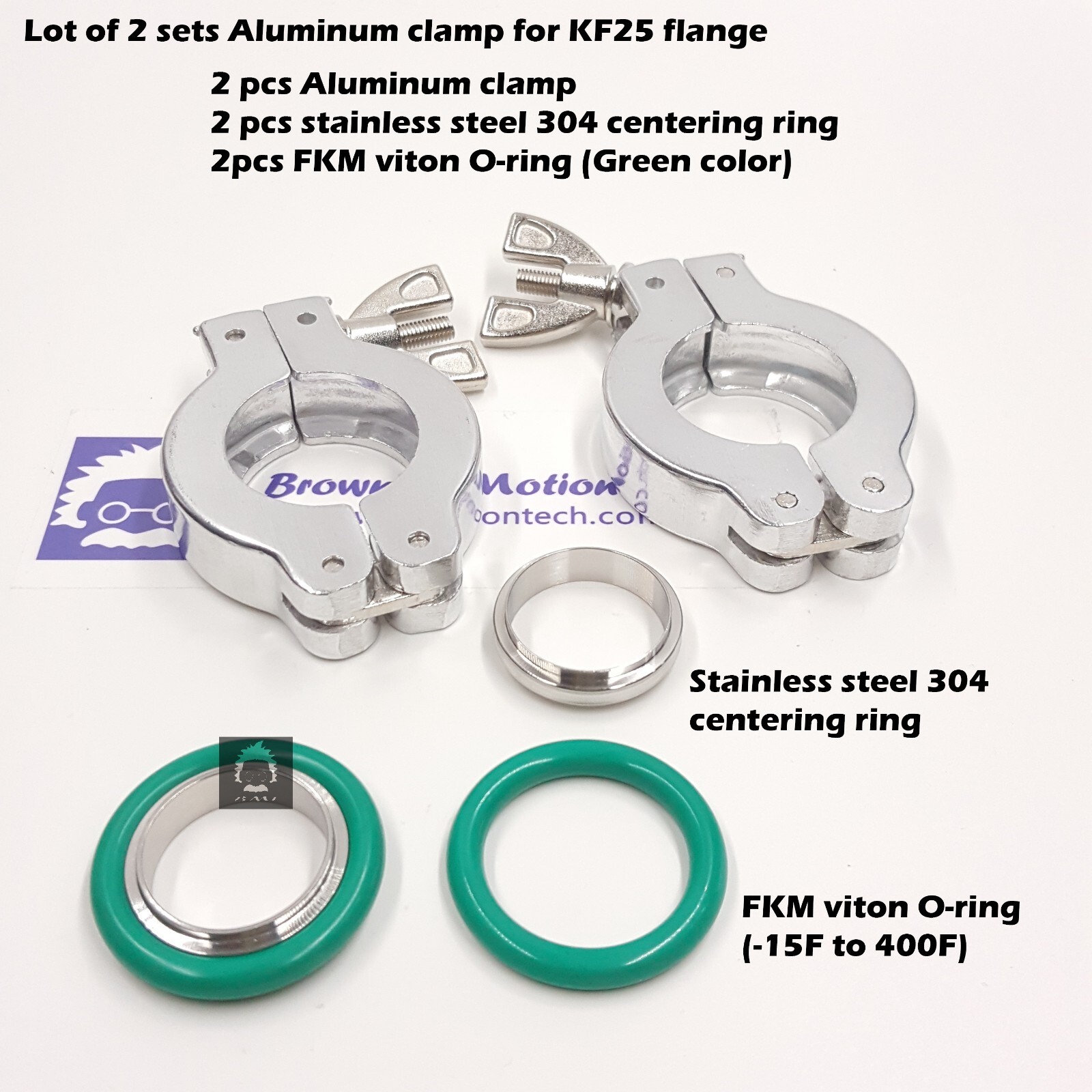 Combo KF25 flange Aluminum wing nut clamp set SS centering ring & FKM O ...