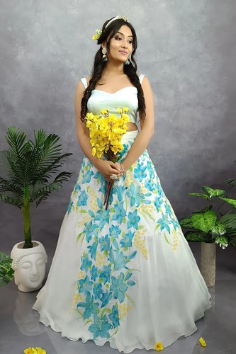 Hand-Painted Flowers Off White Turquoise Organza Lehenga with Sequin ...