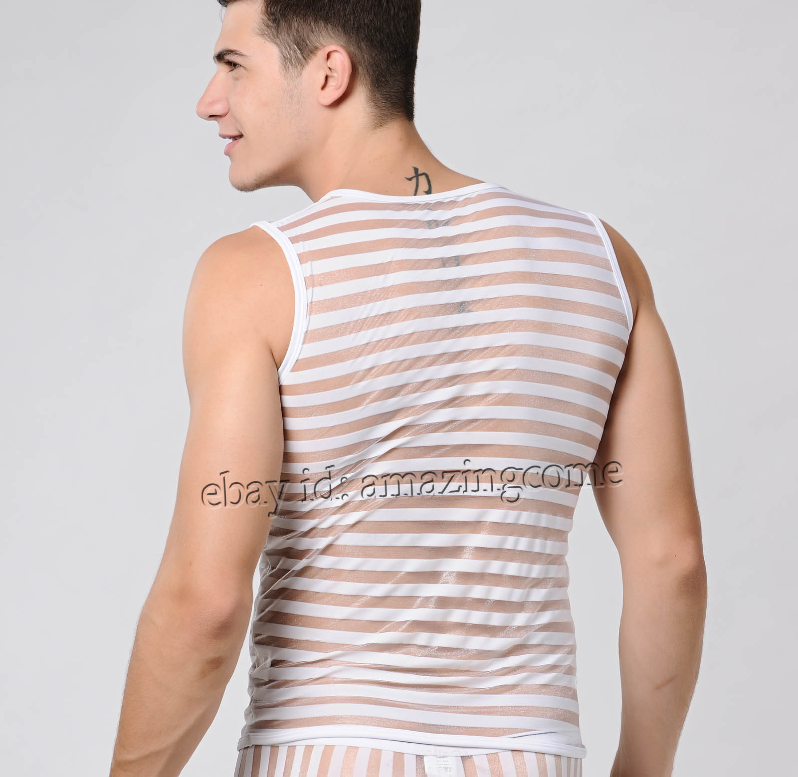 Men See-through Mesh Tank Top Underwear Stripe Transparent T-Shirt Vest ...