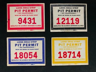 4 1960s Pit Passes Lions Dragstrip Vintage Drag Racing NHRA Pit Permits ...