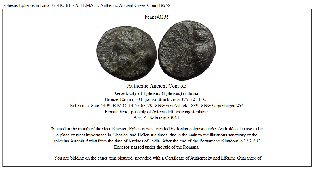 Ephesus Ephesos in Ionia 375BC BEE & FEMALE Authentic Ancient Greek ...