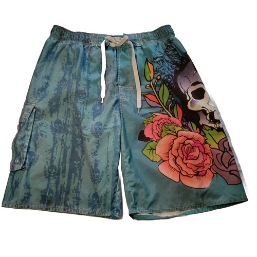 Basix Swim Trunks Surf Gear Mens Medium Skull Mineral Wash Bathing Suit ...