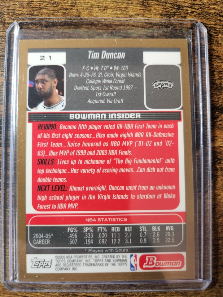 2005-06 Bowman Draft Picks Tim Duncan Gold Parallel #21 San Antonio ...