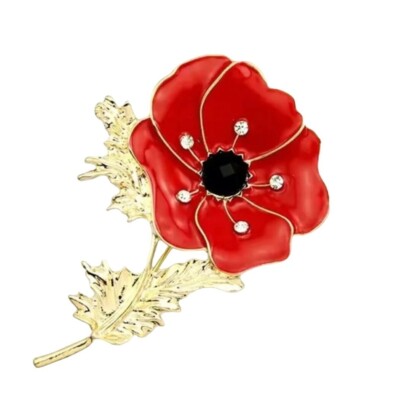 Red Enamel Poppy Brooch with Clear Crystals Gold Tone | eBay