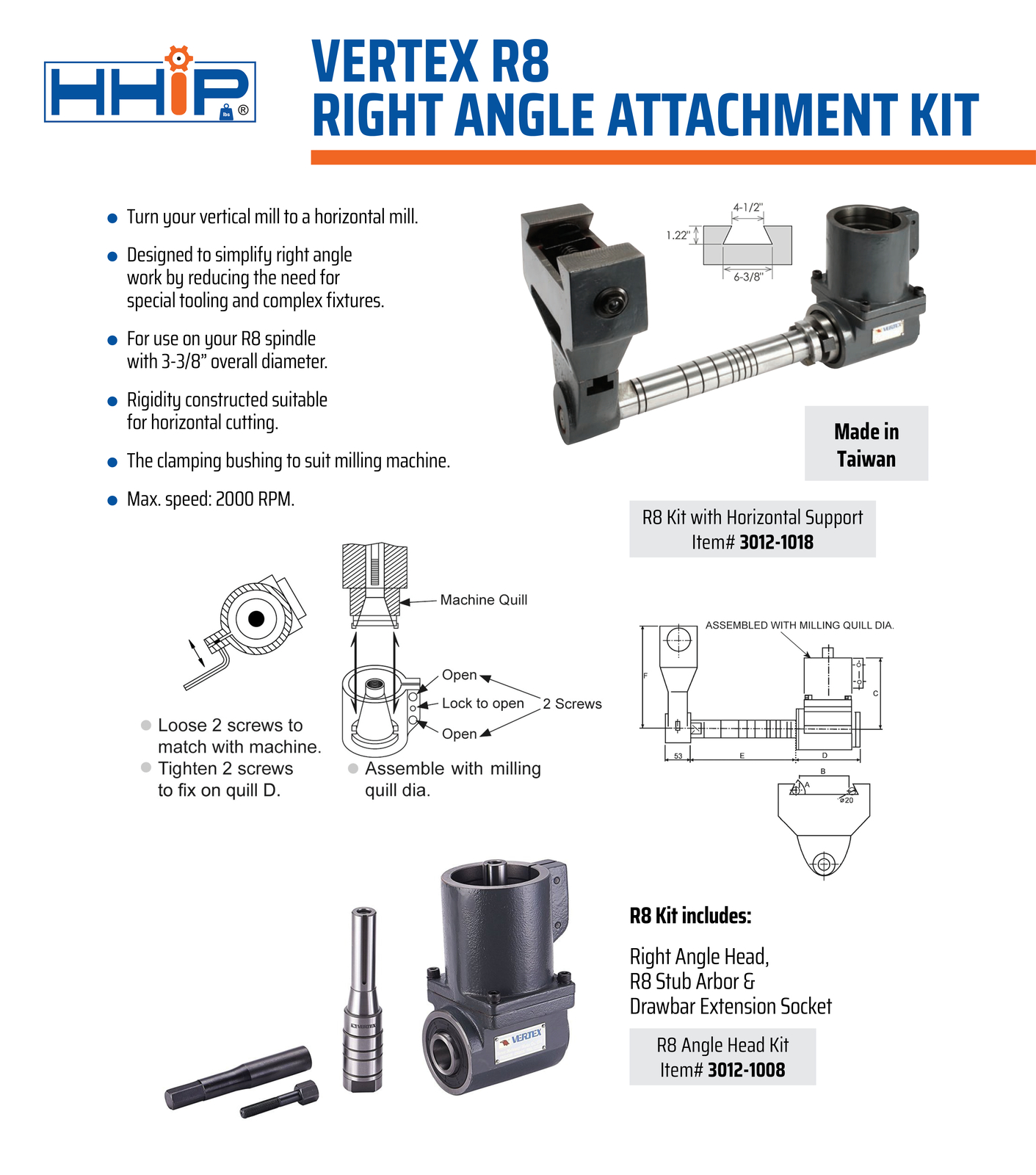 VERTEX R8 RIGHT ANGLE HORIZONTAL MILLING ATTACHMENT (3012-1018) | eBay