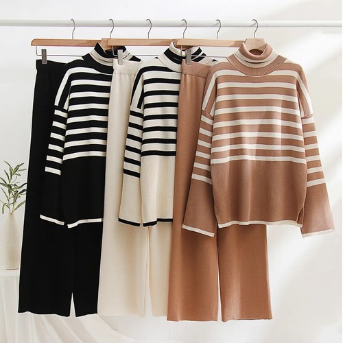 Winter Stripe Matching Set Casual Warm Turtleneck Pullover Knitted Long ...
